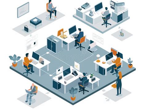 Isometric Modern Office Workspace With Team Collaboration Stock Illustration Illustration Of