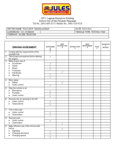 Driving Assesment Forms Download Free Pdf Traffic Motor Vehicle