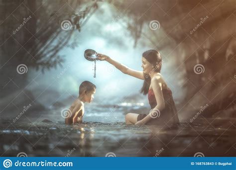 Sister And Brother Bathing In Cascade Stock Image Image Of Beautiful