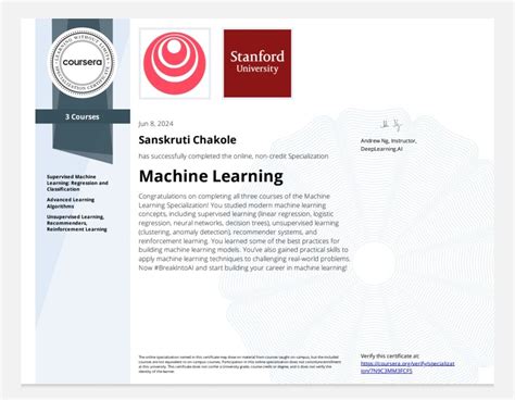 completed machine learning specialization by deeplearning ai and