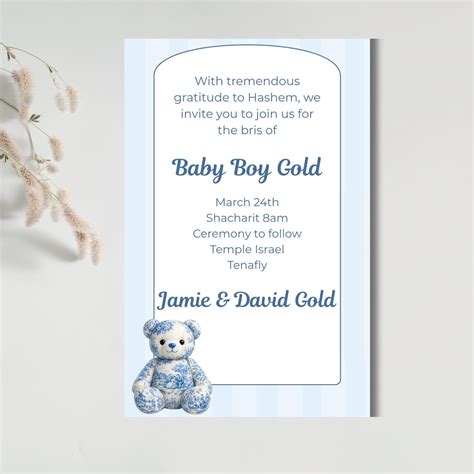 Bris Invitation Template Blue Toile Teddy Bear Digital Evite Brit