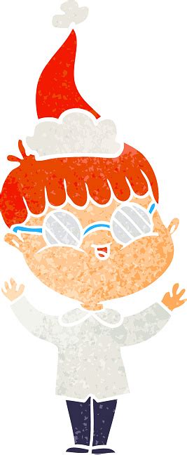 산타 모자를 쓰고 안경을 쓴 소년의 손으로 그린 복고풍 만화 귀여운에 대한 스톡 벡터 아트 및 기타 이미지 귀여운 낙서