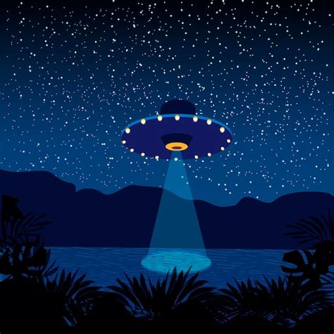 산 호수와 식물 별이 빛나는 하늘 Ufo 밤하늘 풍경 프리미엄 벡터