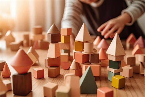 Criança brincando brinquedos de madeira coloridos gerados por ia