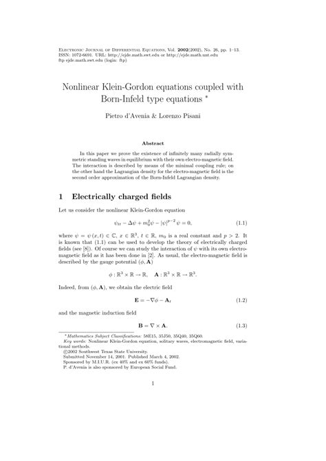 Pdf Nonlinear Klein Gordon Equations Coupled With Born Infeld Type Equations
