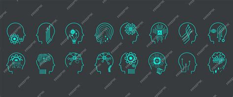 인공지능 헤드 Ai Heads Of Icon Set Ai 라인 스타일 머신러닝 로 헤드 프리미엄 벡터