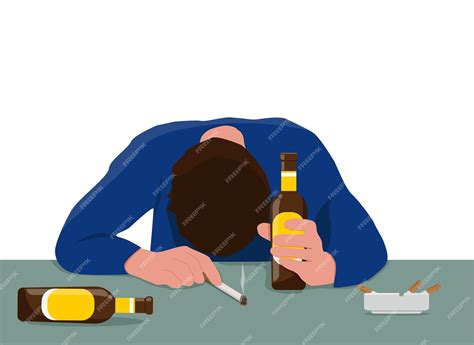 알코올 중독 흡연 나쁜 습관 취한 남자가 다치지 않은 담배와 함께 잠들었습니다 프리미엄 벡터