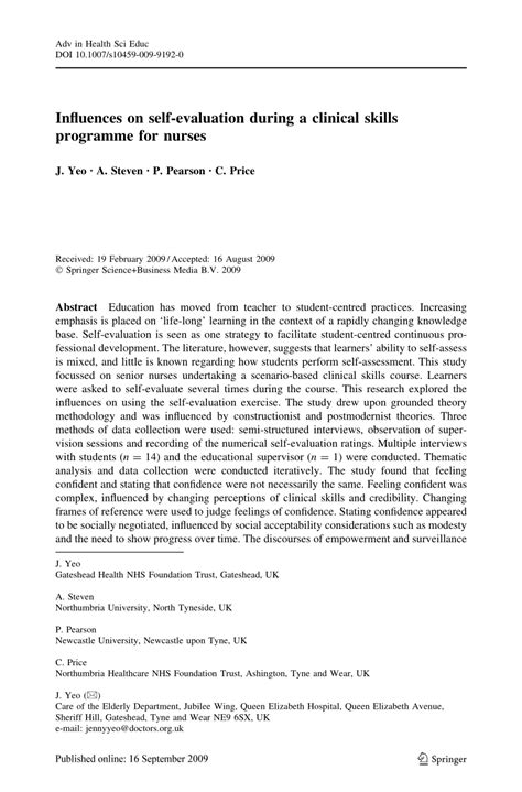 PDF Influences On Self Evaluation During A Clinical Skills Programme For Nurses