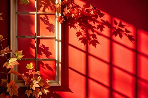 Leaves And Window Pane Shadow Overlay Effect Red Background Premium