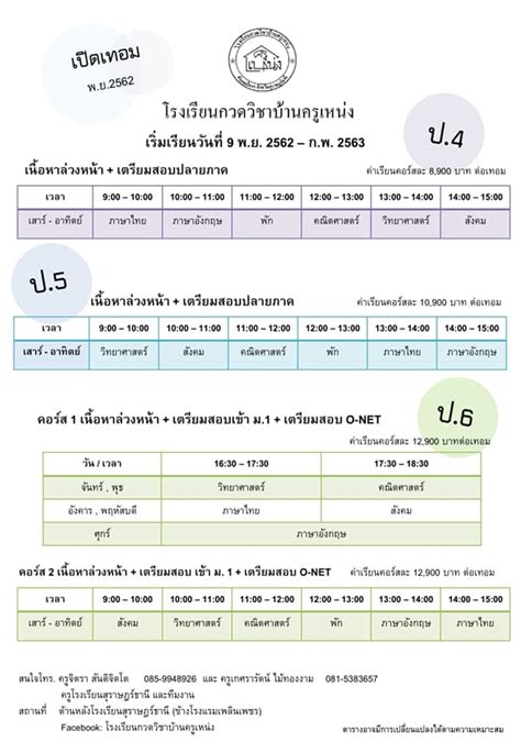 ตารางเรียนคอร์สเปิดเทอม 2 โรงเรียนกวดวิชาบ้านครูเหน่ง
