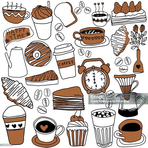 손으로 그린 커피와 디저트 세트 낙서 아트 스타일의 벡터 일러스트 레이 션 개체 그룹에 대한 스톡 벡터 아트 및 기타 이미지 개체 그룹 검은색 그리기 Istock