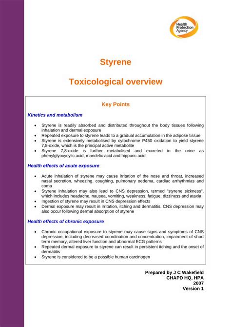 Pdf Styrene Toxicological Overview V1 · Polystyrene And Styrene Containing Polymers Such As