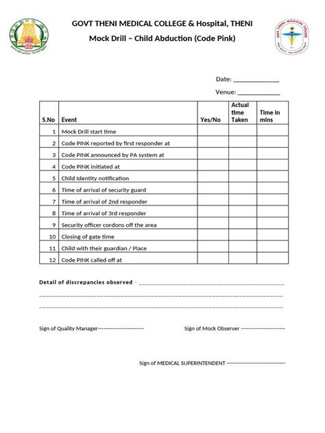 Code Pink Mock Drill Format Pdf