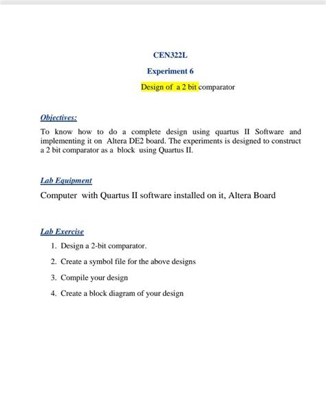 cen322l experiment 6 design of a 2 bit comparator