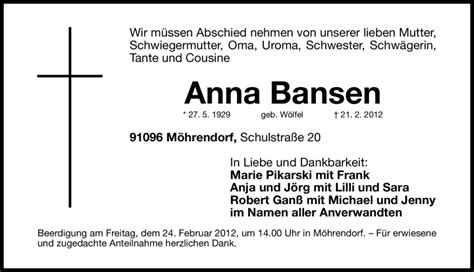 Traueranzeigen Von Anna Bansen Trauernnde
