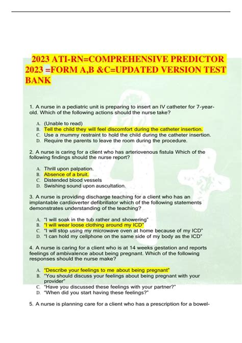 ATI RN COMPREHENSIVE PREDICTOR FORM A B C UPDATED VERSION TEST BANK ATI RN