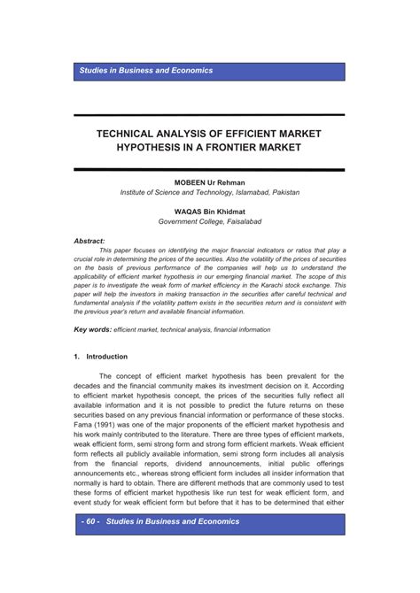 Pdf Technical Analysis Of Efficient Market Hypothesis In A Frontier