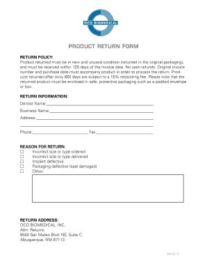 Product Return Form Template PdfFiller