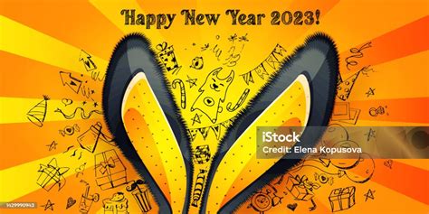 새해와 크리스마스를 축하하는 개념 새해 복 많이 받으세요 2023 토끼 귀와 추상적 인 색상 배경에 자유형 그림으로 인사말