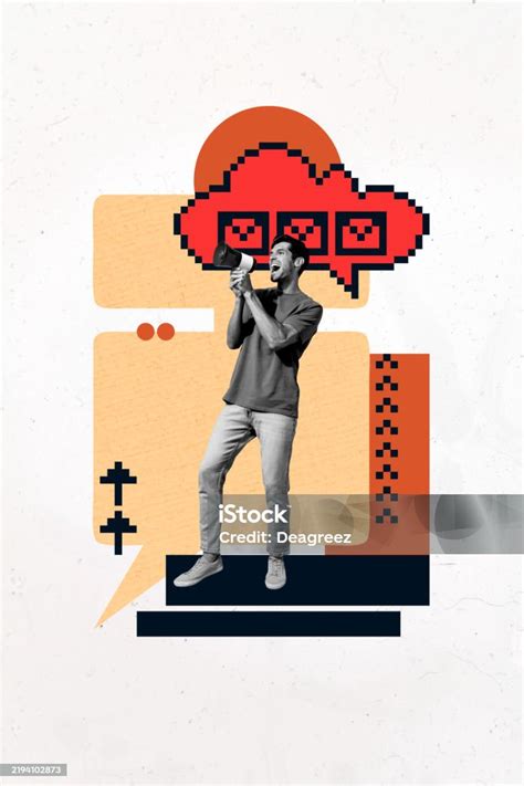 3d 사진 콜라주 템플릿 트렌드 삽화 합성 작품 젊은 남자 스탠드 손 보류 확성기 마음 통신 회로망 대화 거품 25 29세에 대한 스톡 사진 및 기타 이미지 Istock