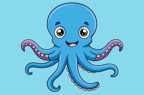 파란색 배경을 가진 문어의 만화 그림 프리미엄 벡터