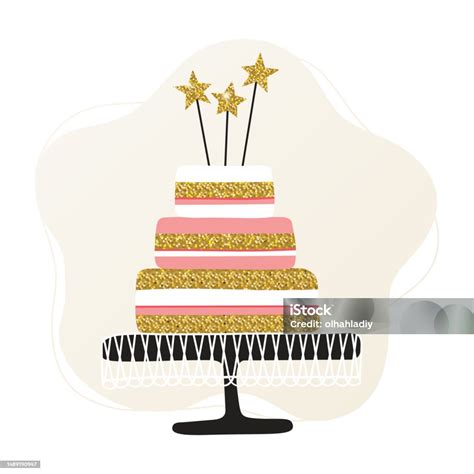 빛나는 별 막대기가 있는 3층 생일 케이크 귀여운 벡터 그림 공휴일에 대한 스톡 벡터 아트 및 기타 이미지 공휴일 금색