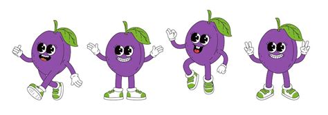 Premium Vector Cute Cartoon Plum Character In Different Poses Comic