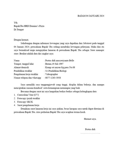 Surat Lamaran Protus Didi Store Manager Pdf