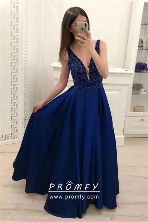 Navy Blue Satin Plunging Neck Beaded Formal Dress Promfy