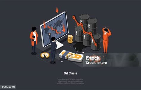 석유 위기 석유 금수 조치 채무 불이행 경제 위기 및 파산의 개념 석유 생산 및 무역 석유 산업 하향 차트 화살표 가격 하락 아이소메트릭 카툰 3d 벡터 일러스트 레이 션