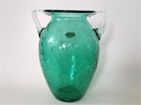 Blenko Crackle Glass Amphora Vase Foil Hand Label Sea Green