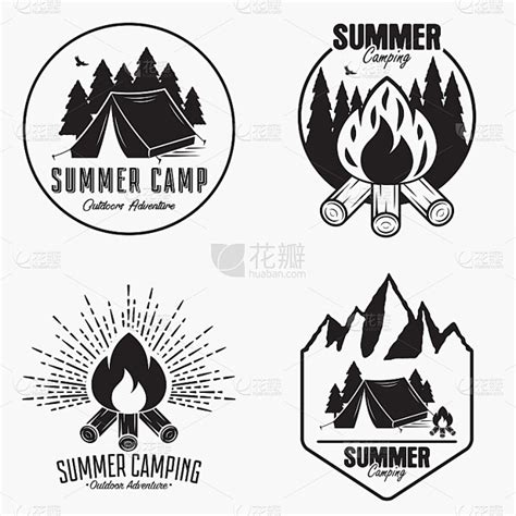复古夏令营标志集。露营徽章和户外探险标志。原始排版与露营帐篷，篝火和森林剪影。向量