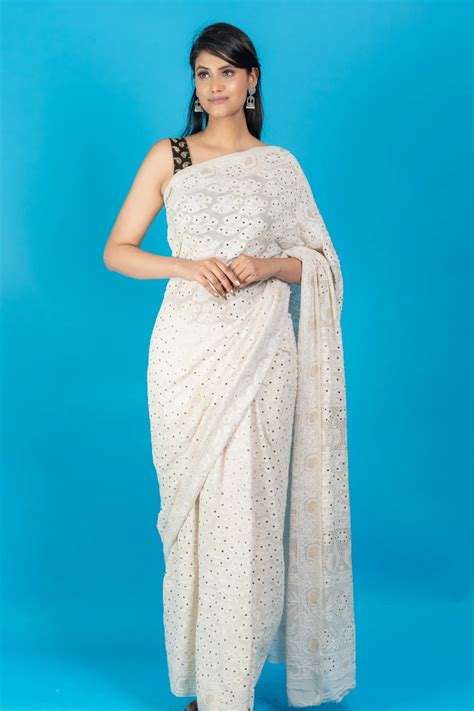 Pure Viscose With Mukesh Premium Chikankari Saree The Chikan Factory