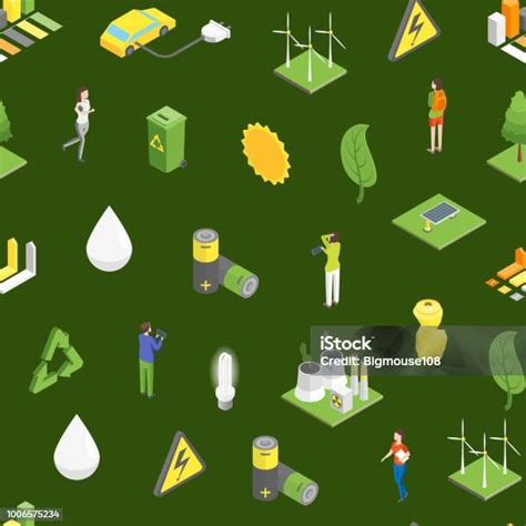 Ekologi Seamless Pola Latar Belakang 3d Isometrik Tampilan Vektor