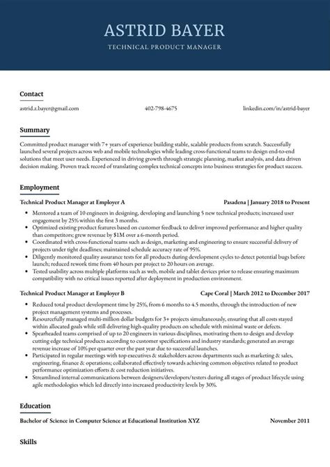 Technical Product Manager Resume Cv Example And Writing Guide