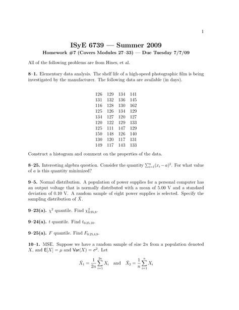 Homework Solutions For Isye 6739 Summer 2009 Modules 27 33 Assignments Data Analysis