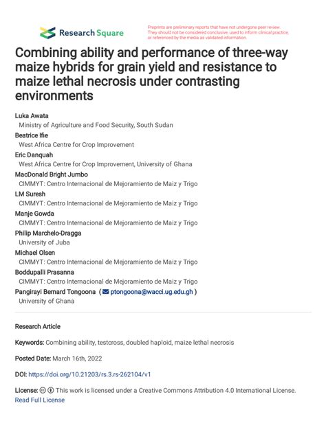 Pdf Combining Ability And Performance Of Three Way Maize Hybrids For Grain Yield And