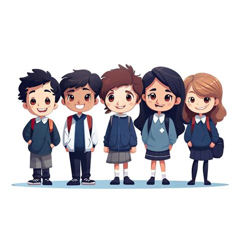 유니폼을 입은 행복한 학교 아이들의 그룹 만화 스타일의 터 일러스트레이션 프리미엄 사진
