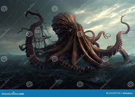 Kraken Rising From The Depths Its Tentacles Reaching For Prey Stock