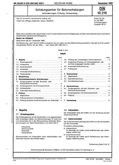 DIN 18216:1986 DE - Schalungsanker für Betonschalungen; Anforderungen ...
