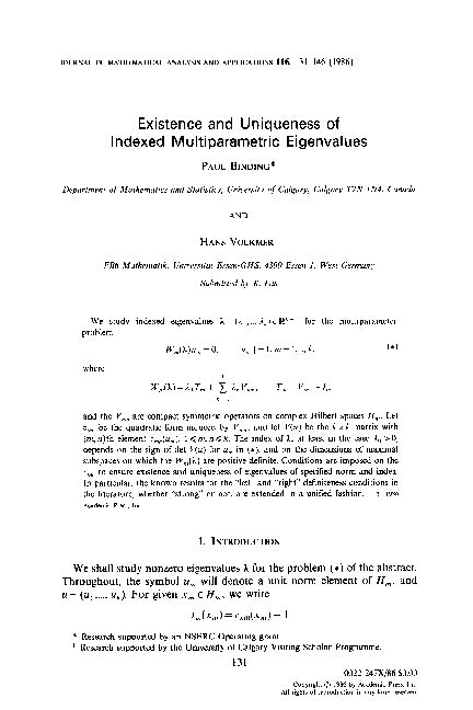 Pdf Existence And Uniqueness Of Indexed Multiparametric Eigenvalues