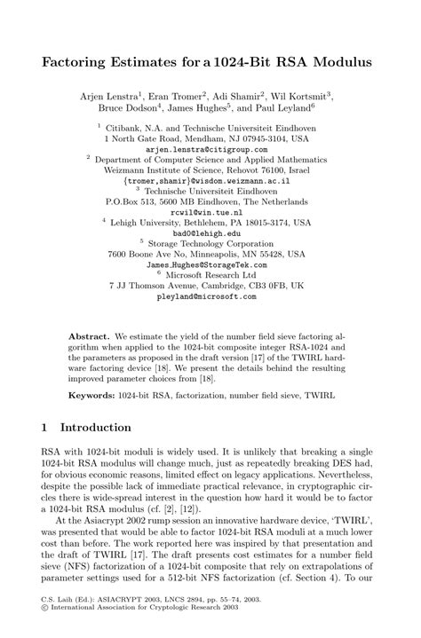 Pdf Factoring Estimates For A 1024 Bit Rsa Modulus