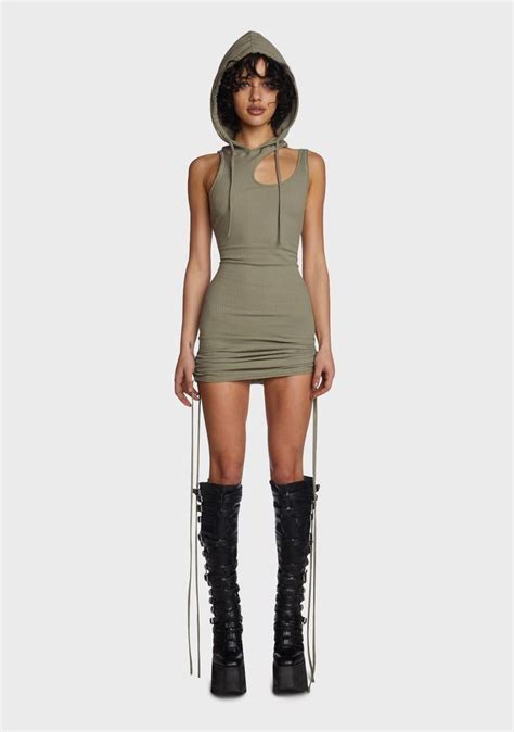 Darker Wavs Ribbed Cutout Hooded Mini Dress Green Maxi Dress Green