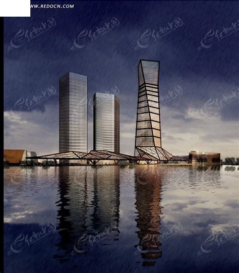 建筑效果图傍晚时分灯火通明的河边高楼psd素材免费下载 红动中国