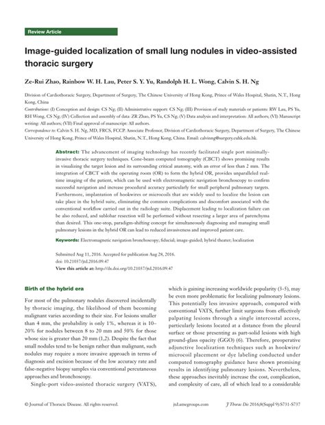 Pdf Image Guided Localization Of Small Lung Nodules In Video Assisted Thoracic Surgery