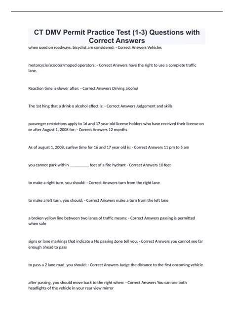 Ct Dmv Permit Practice Test 1 3 Questions With Correct Answers Ct