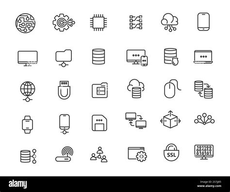 set of linear computer technology icons database icons in simple design vector illustration