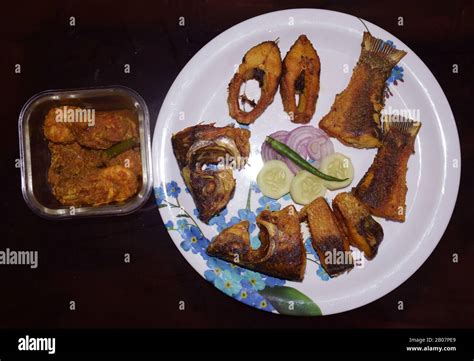 Bengali Food Fish Fry With Prawn Malai Curry Also Known As Chingri