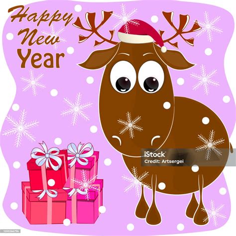 귀여운 사슴 만화 벡터 일러스트 레이션입니다 사슴과 새해 인사말 카드 만화 사슴 메리 크리스마스 인사말 카드 무스 만화 벡터 일러스트레이션 12월에 대한 스톡 벡터 아트 및