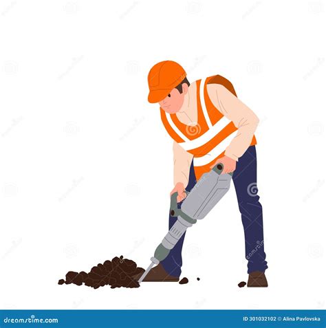 Road Worker Cartoon Character In Uniform Using Drilling Machine For